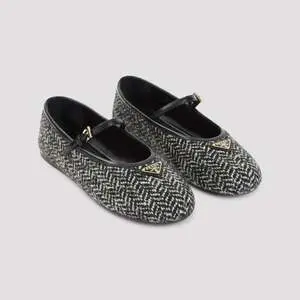 Prada Textured Wool Ballerinas With Mary Jane Strap - White