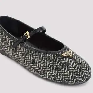 Prada Textured Wool Ballerinas With Mary Jane Strap - White
