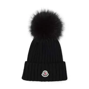 Moncler Ribbed Knit Beanie With Fox Fur Pom-pom - Black