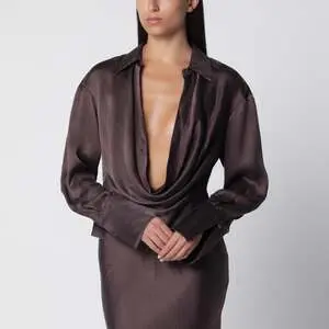 Andamane Deep Neckline Rouge Noir Satin Shirt - Red