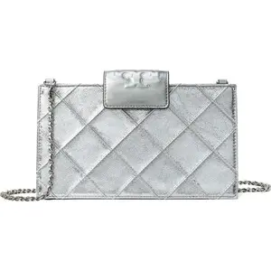 Tory Burch Mini Fleming Quilted Leather Wallet On A Chain - Silver