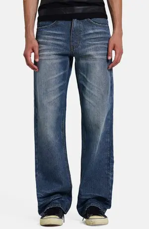 JADED LONDON Distressed Straight Leg Jeans With Faux Leather Italy Flag Panel - Denim