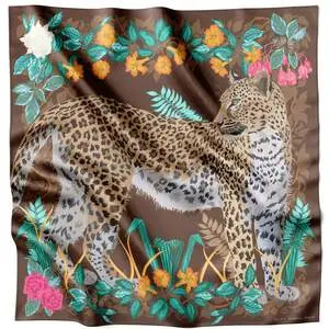 LAMBERTY MUNICH Leopard In Jungle Classic Italian Mulberry Silk Scarf - Brown