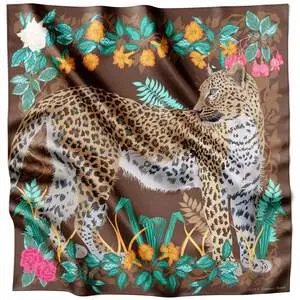 LAMBERTY MUNICH Leopard In Jungle Classic Italian Mulberry Silk Scarf - Brown