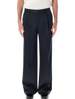 LARDINI Pleated Wool Gabardine Trousers With Single Pleat, Regular Fit & Unfinished Hem - Blu