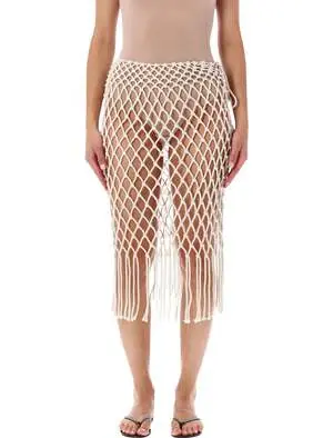 THE FRANKIE SHOP Macrame Fringe Midi Skirt - Beige