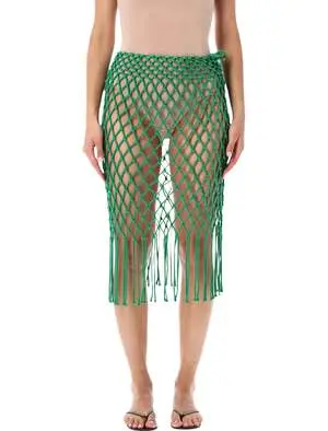 THE FRANKIE SHOP Crocheted Mesh Fringe Midi Skirt - Verde