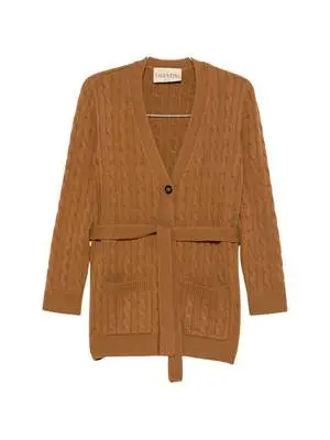 Valentino Garavani Cable-knit Cashmere V-neck Cardigan With Belt And Pockets
