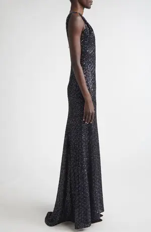 St. John Sequin Embroidered Tulle Gown