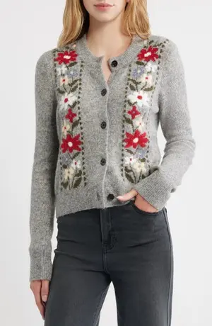 Rails Millie Embroidered Wool Blend Cardigan - Grey Flora