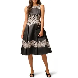 Adrianna Papell Lace Print Mikado Cocktail Dress - Black/ecru