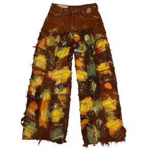 ZASTASTUDIO Red Gold Shredded Denim Wide Leg Pant - Red/yellow