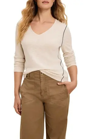 NIC+ZOE V-neck Long Sleeve T-shirt With Contrast Stitching - Coconut