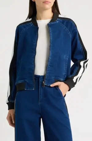 CITY BLUES Athletic Stripe Denim Bomber Jacket - Indigo