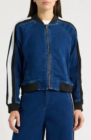 CITY BLUES Athletic Stripe Denim Bomber Jacket