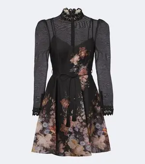 Zimmermann Valiant Floral Linen And Silk Minidress - Black