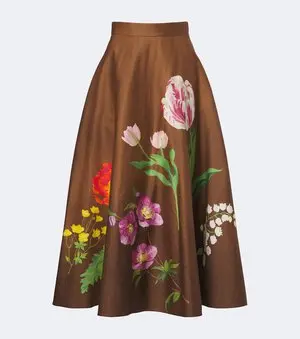 Oscar De La Renta Floral Cotton-blend Midi Skirt - Brown