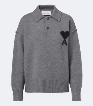 AMI Paris De Coeur Wool Polo Sweater - Grey