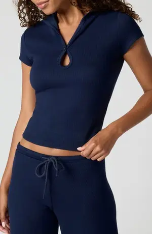 FLORENCE BY MILLS Ribbed Jersey Hooded Cutout T-shirt - Navy