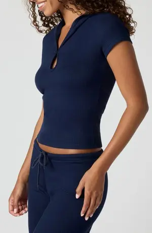 FLORENCE BY MILLS Ribbed Jersey Hooded Cutout T-shirt - Navy