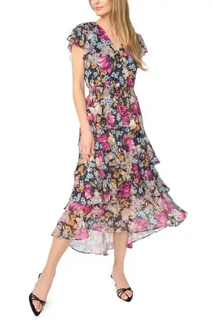 Halogen Floral Ruffle Chiffon Midi Dress