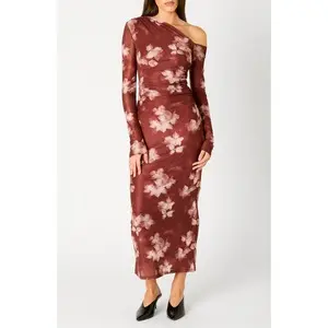 NIA Lyra Floral One-shoulder Long Sleeve Dress - Merlot