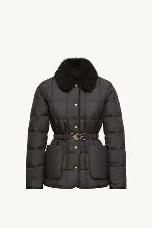 Moncler Cygnes Belted Short Down Jacket With Textured Collar - Black