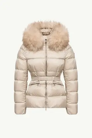 Moncler Boed Hooded Shearling-Trimmed Short Down Jacket Beige