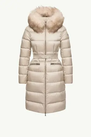 Moncler Boedic Hooded Shearling-trimmed Long Down Jacket - Beige