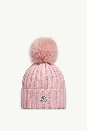 Moncler Wool Beanie With Pom Pom Pink