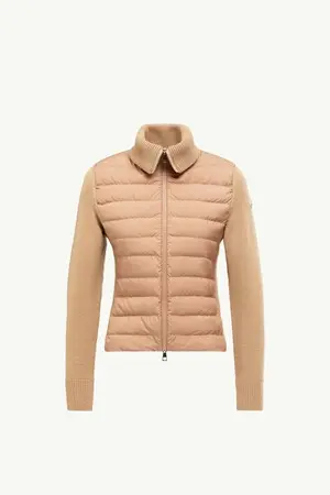 Moncler Padded Zip-Up Wool Cardigan Beige