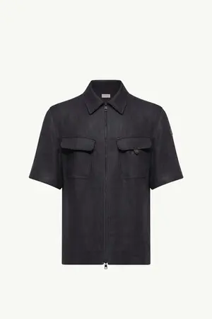 Moncler Linen Twill Short Sleeve Zip-up Shirt - Blue