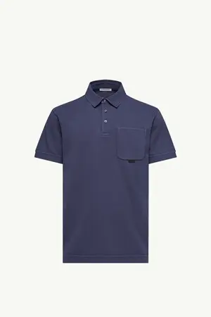 Moncler Leather Logo Cotton Piquet Polo Shirt - Blue