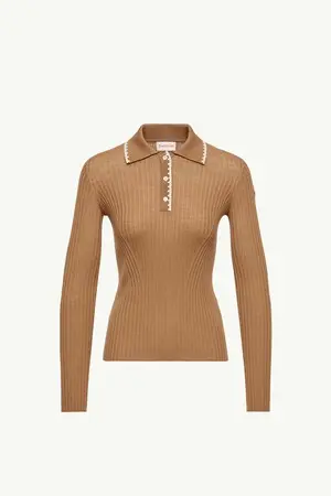 Moncler Wool Long Sleeve Polo Shirt Beige