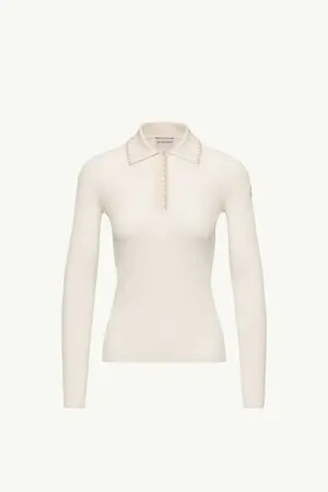 Moncler Wool Long Sleeve Polo Shirt White