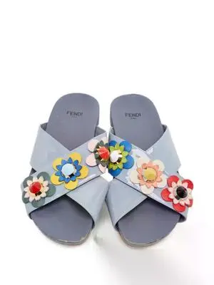 Fendi Floral-appliqué Patent-leather Flat Sandals