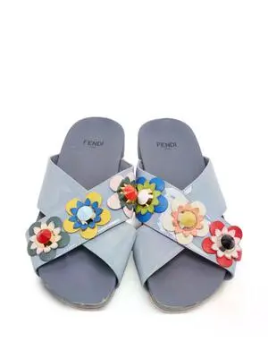 Fendi Floral Appliqué Patent Leather Flat Sandals - Blue