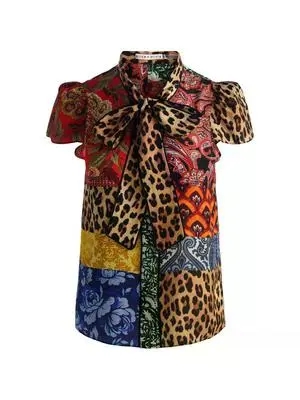 Alice + Olivia Jeannie Patchwork-print Pussy-bow Blouse