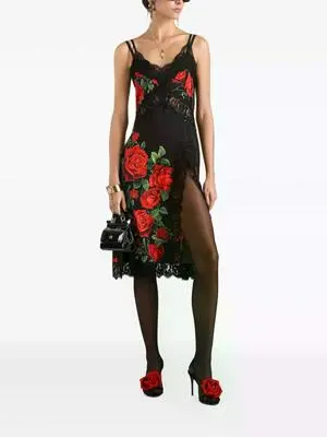 Dolce & Gabbana Rose-print Charmeuse Midi Dress - Black