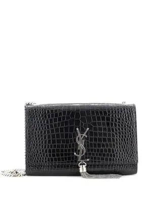 Saint Laurent Classic Monogram Tassel Crocodile Embossed Leather Medium Crossbody Bag - Black