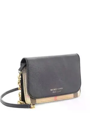 Burberry Hampshire Wallet On Chain Leather And House Check Canvas Crossbody Bag - Black