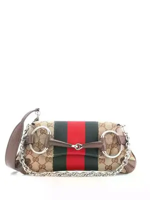 Gucci Horsebit Nm Web Chain Clutch Gg Canvas Small Shoulder Bag - Brown
