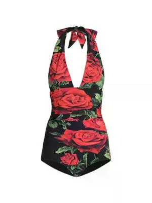 Dolce & Gabbana Dolce & Gabbana Rose Print One-Piece Halterneck Swimsuit Black