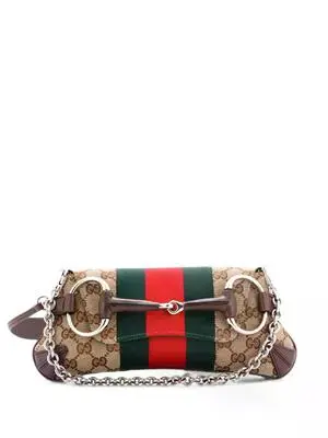 Gucci Horsebit Nm Web Chain Clutch Gg Canvas Small Shoulder Bag - Brown