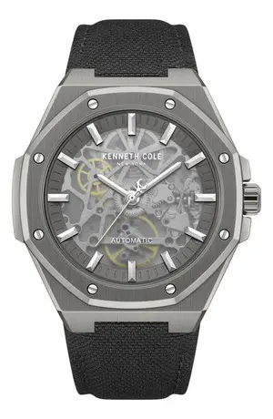 KENNETH COLE Benson Skeleton Automatic Nylon Strap Watch - Black