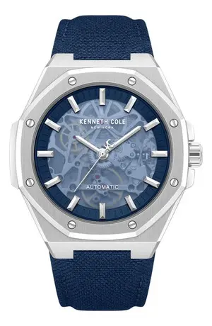 KENNETH COLE Benson Skeleton Automatic Nylon Strap Watch - Blue