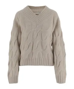 ALLUDE Cable-knit V-neck Sweater - Nude