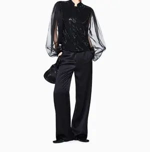Giorgio Armani Silk Satin Palazzo Trousers With Rhinestone Trim - Black