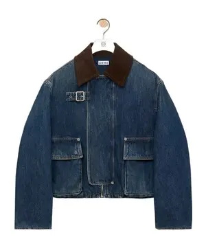 Loewe Cropped Denim Parka With Corduroy Collar - Dark Blue