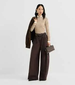 Brunello Cucinelli Silk, Alpaca, And Wool Lace Detail Sweater - Brown